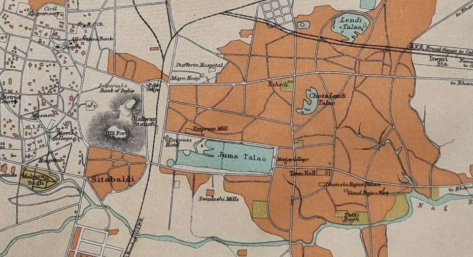 1933 INDIA TOURIST MAP NAGPUR SADAR BAZAR HILL FORT SITABALDI MAHARAJR ...