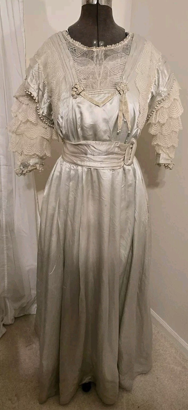 Edwardian Pale Blue Silk Lace Tassel Trim Gown | eBay
