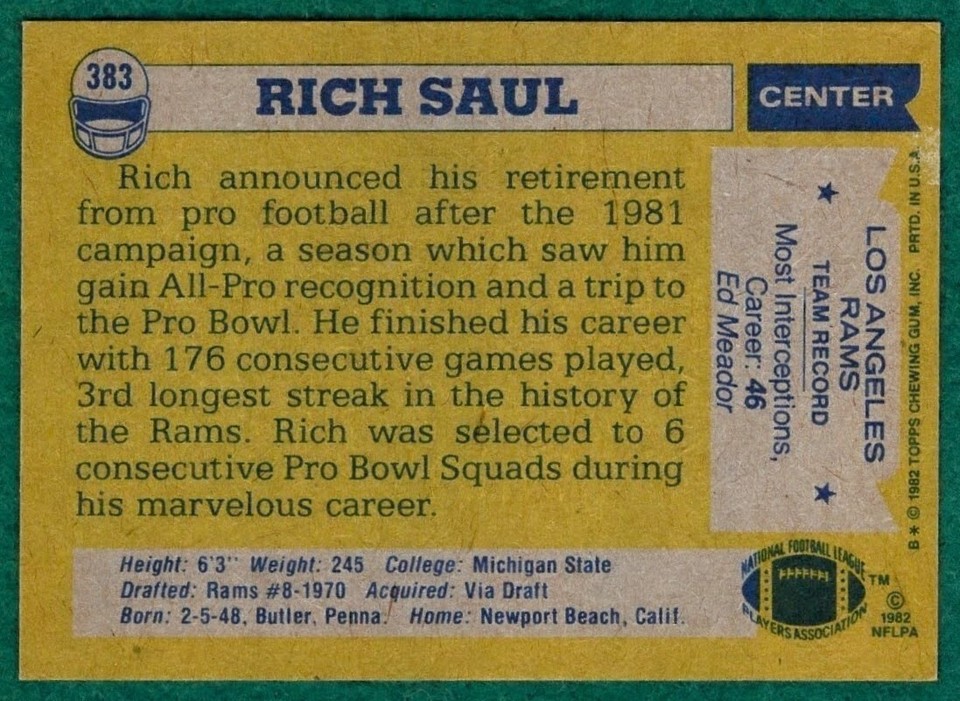 Rich Saul - 1982 Topps #383 - Los Angeles Rams Football Card - NFC All ...