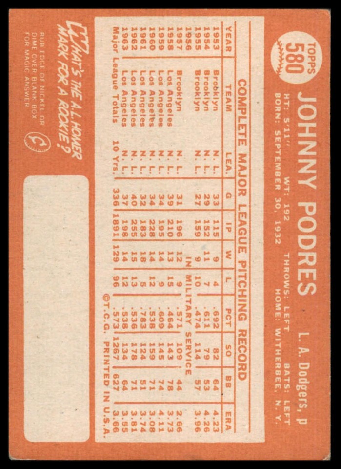 1964 Topps Johnny Podres #580 Ex-VgEx Combine Shipping | eBay