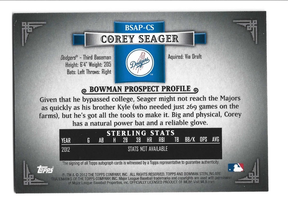 2012 Bowman Sterling Prospect COREY SEAGER Autograph AUTO Refractor ...