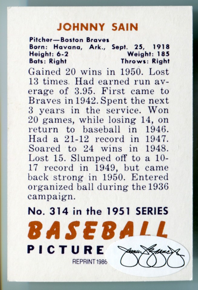 1951 Bowman Reprint #314 JOHNNY SAIN Signed Auto Card Boston Braves ...