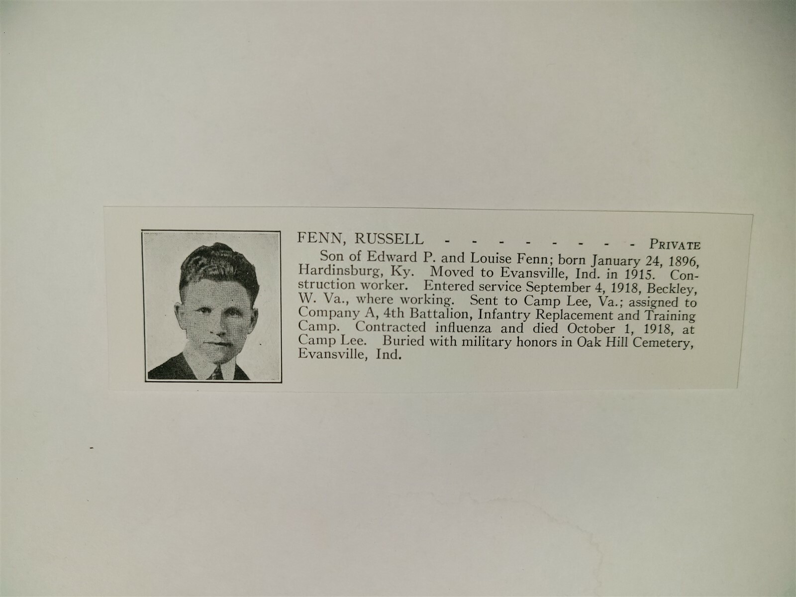 Russell Fenn Hardinsburg Kentucky Company A 4th Battalion 1921 WW1 Hero ...