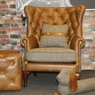 HARRIS TWEED & BROWN CERATO ANILINE LEATHER WING WRAP CHAIR IN ...