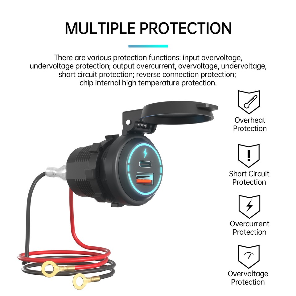 Motorcycle Charger Cigarette Lighter Socket 2 USB Type-C Charging Power ...