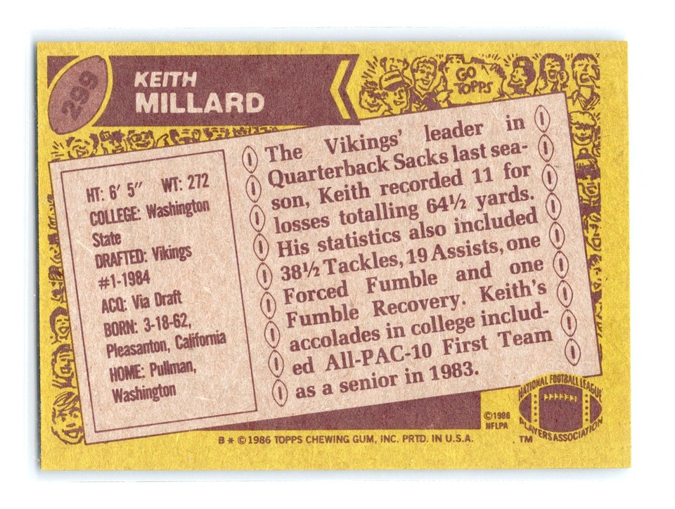 1986 Topps Football #299 Keith Millard RC Rookie Minnesota Vikings | eBay