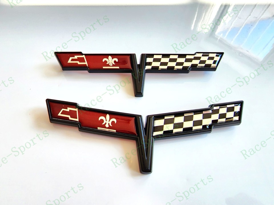 2PC Black FRONT NOSE Rear Gas Lid Crossed Flag Emblem Badge 1981 C3 ...