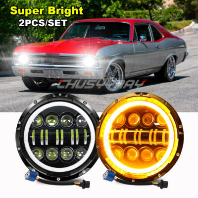 Fit Chevrolet Nova 1969-1978 Pair 7" Round LED Headlights Hi/Lo Turn signal Beam | eBay