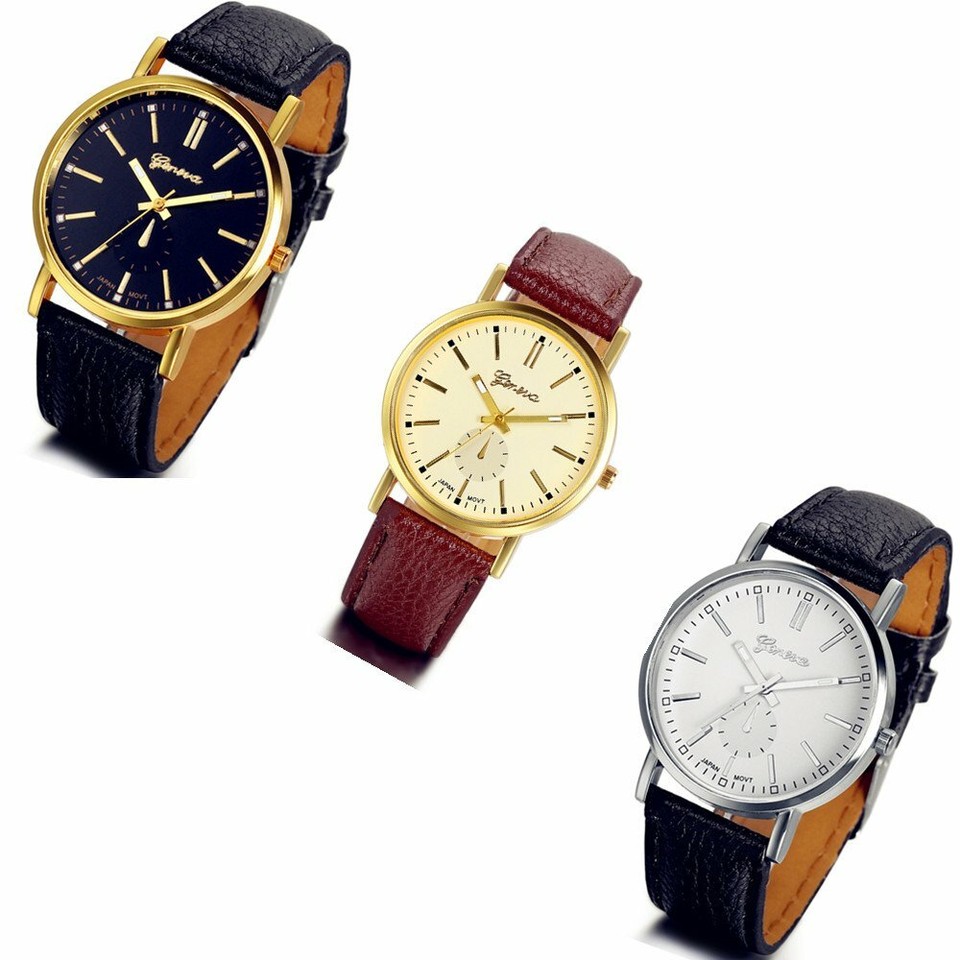 Classic Round Dial PU Leather Band Quartz Analog Wrist Watch Mens ...