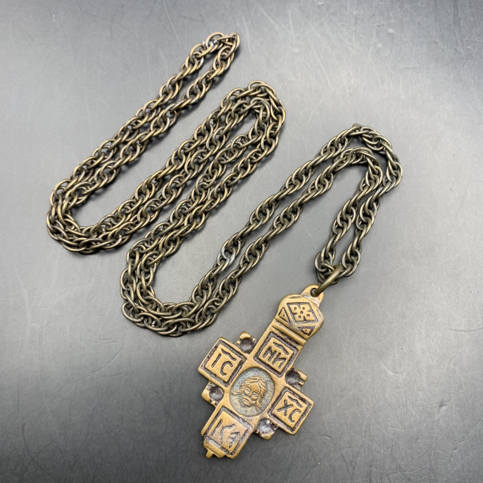 Christogram Cross Pendant Necklace IC XC Brass Tone Long Vintage | eBay