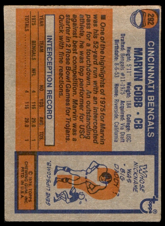 1976 TOPPS MARVIN COBB ROOKIE . CINCINNATI BENGALS #292 | eBay