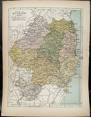 Irish Map County WICKLOW Ireland Mtns Bray Arklow Colored PW Joyce 1905 ...