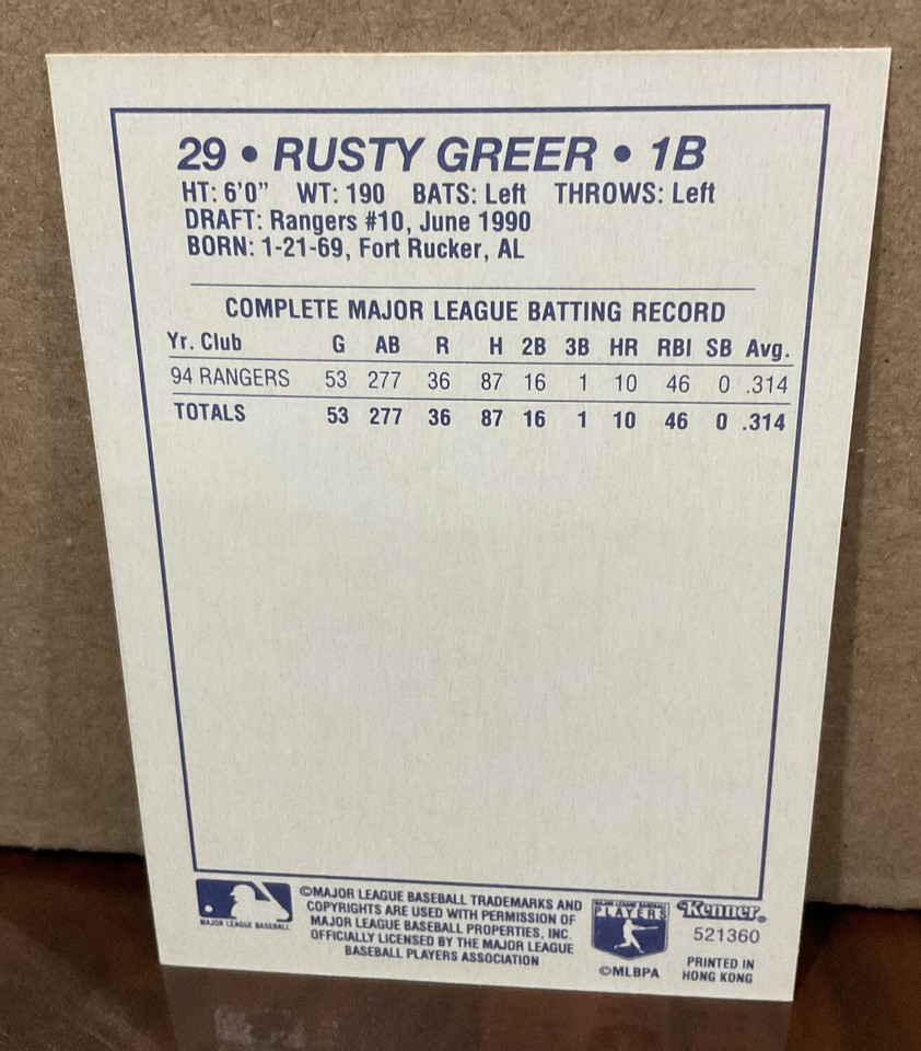 RUSTY GREER 1995 KENNER STARTING LINEUP CARD EXTENDED SERIES - RANGERS ...