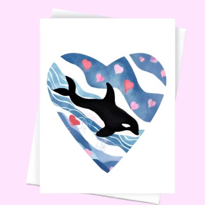 Cute orca heart ocean Valentine’s Day card with Envelope, killer whale ...