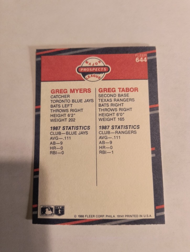 GREG MYERS, GREG TABOR 1988 FLEER PROSPECTS (RC) #644 FREE SHIPPING | eBay