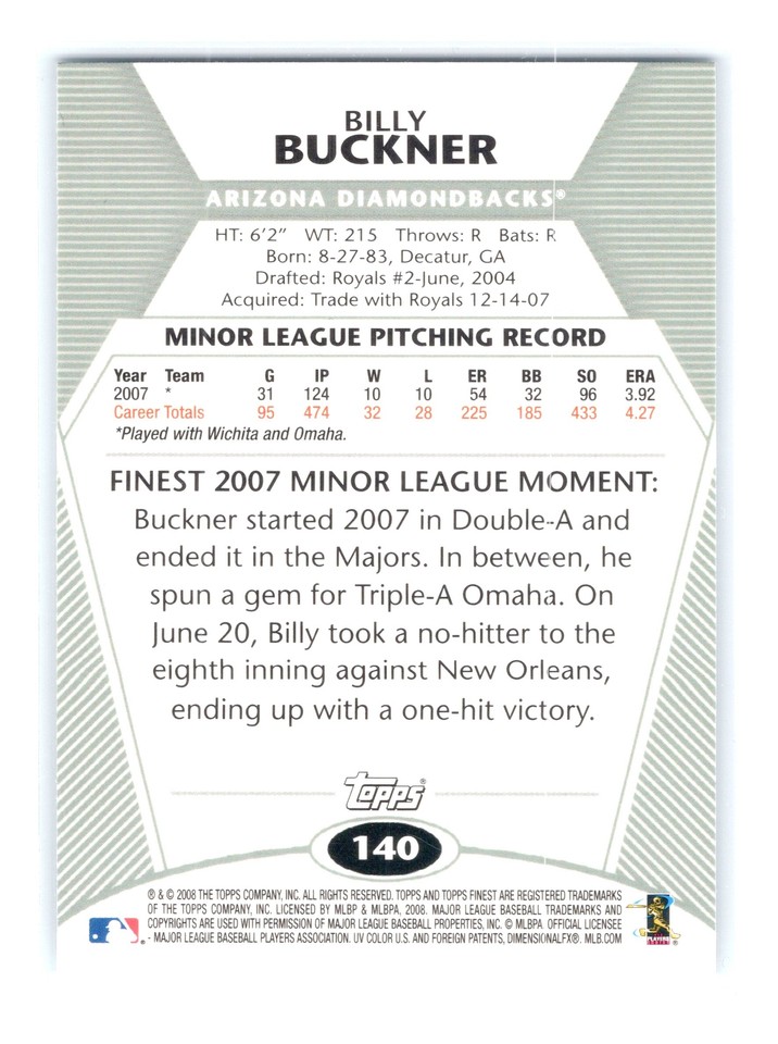 2008 Finest Baseball #140 Billy Buckner Rookie Card Arizona ...