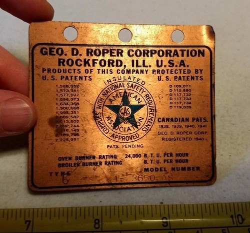 Vtg Geo. D. Roper Corp Rockford IL American Gas Assoc Advertising Metal ...