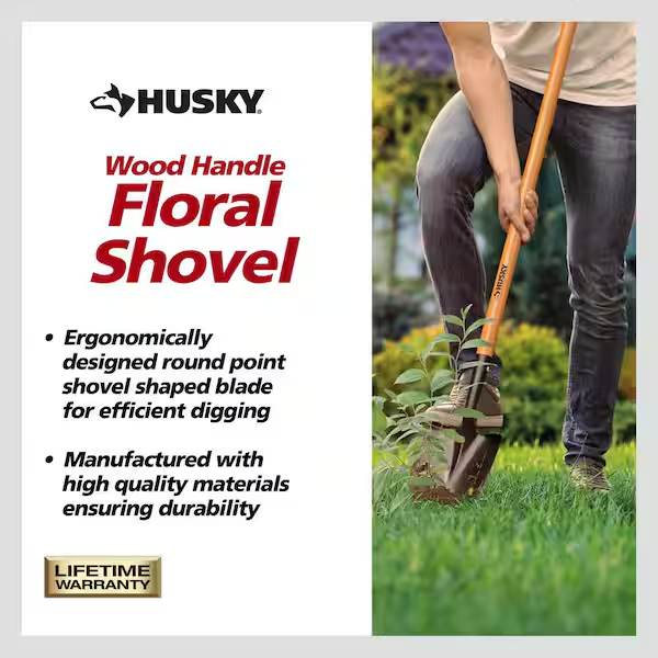 Husky 47 in. L Wood Handle Floral Carbon Steel Digging Shovel with Grip ...