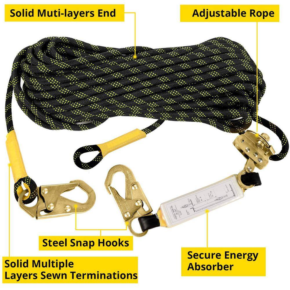 100 Ft. Vertical Roofing Rope with Grab Snap Hooks, Fall Protection ...