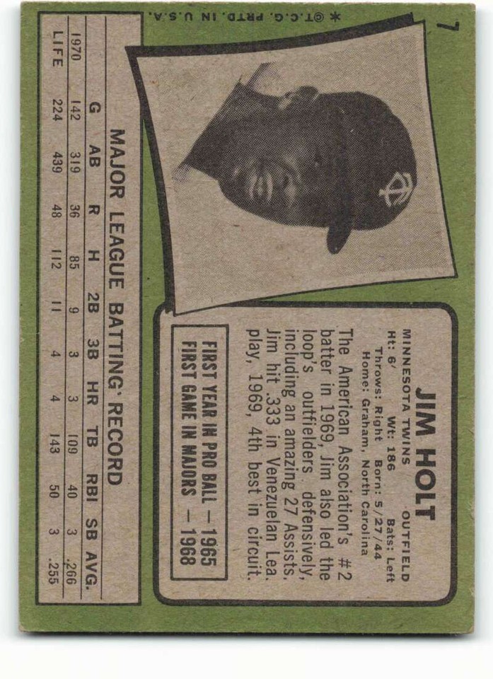 1971 Topps #7 Jim Holt EX++ Excellent++ RC Rookie Twins ID:320220 | eBay