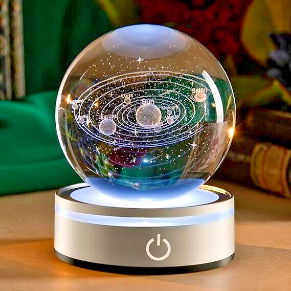 Solar System Glass Paperweights 3D Solar System Crystal Ball With Wood