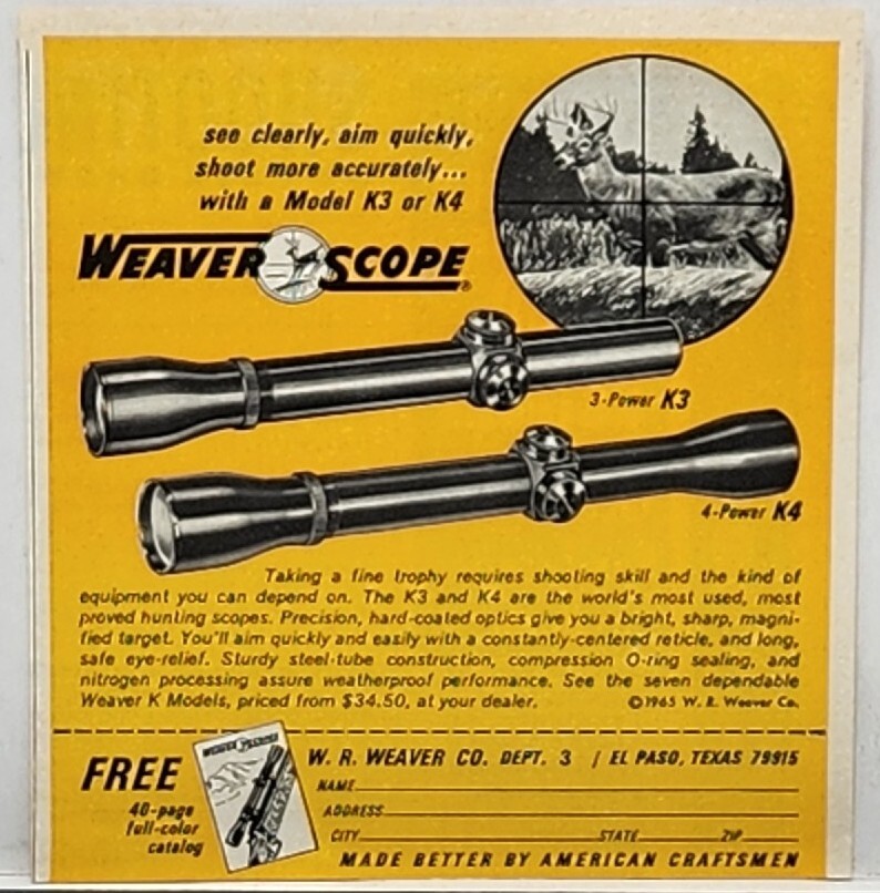1966 Weaver Scope Model K3 K4 Hunting MCM Original Print Ad El Paso TX ...