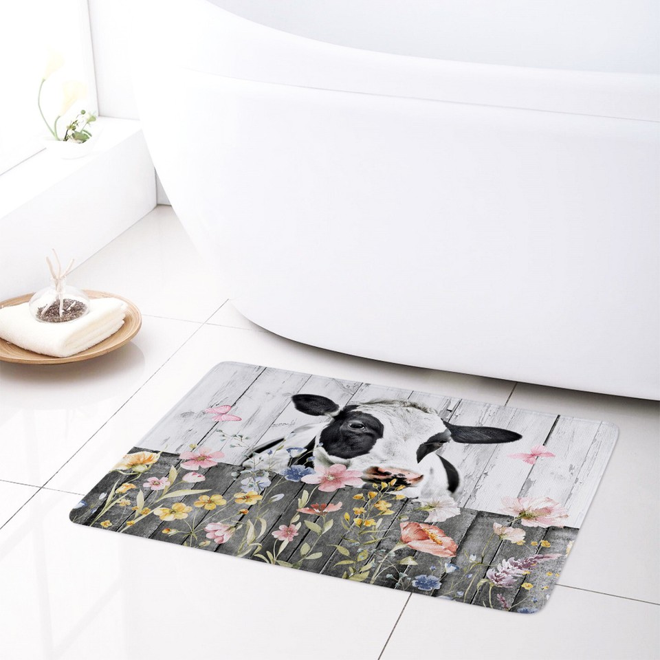 Butterfly Pink Floral Black and White Cow Shower Curtain Set for ...