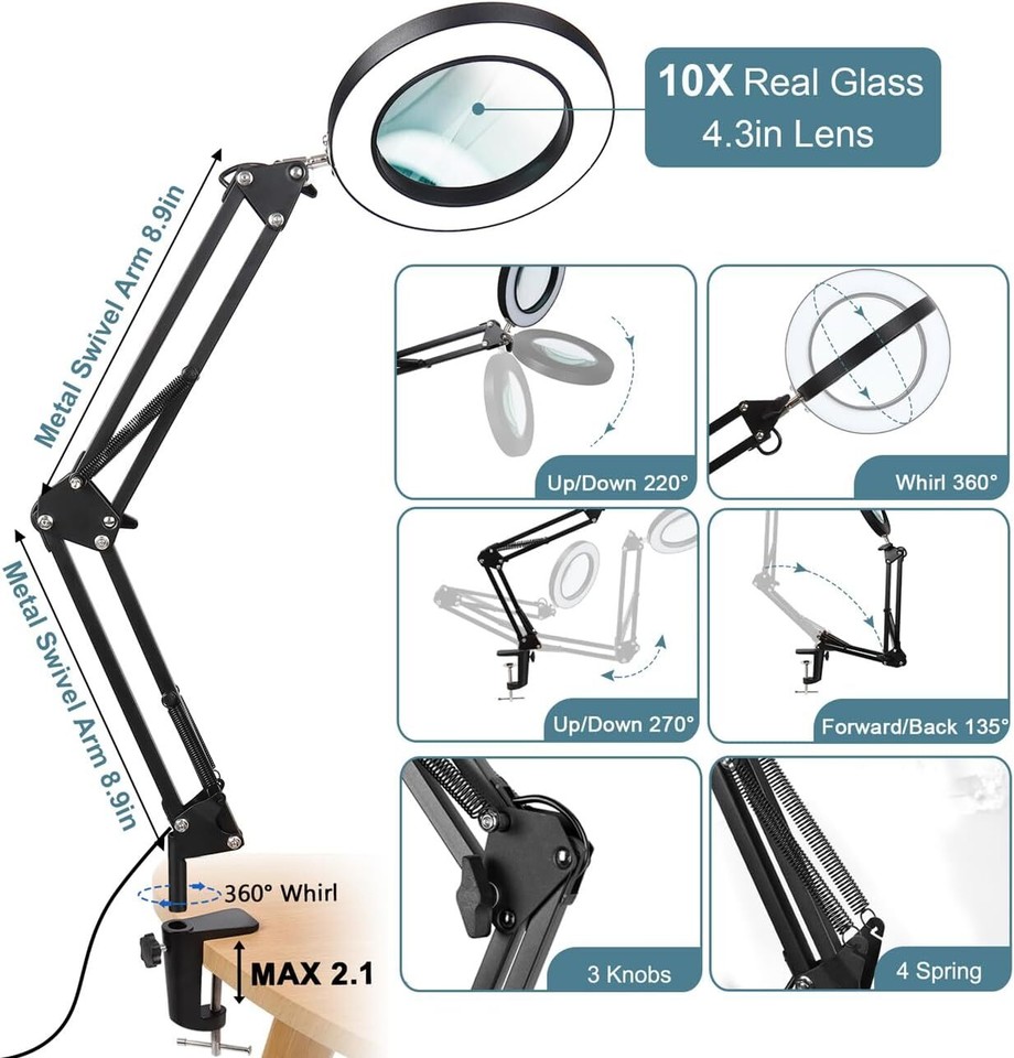 Magnifier LED Lamp 10X Magnifying Glass Desk Table Light Reading Lamp ...