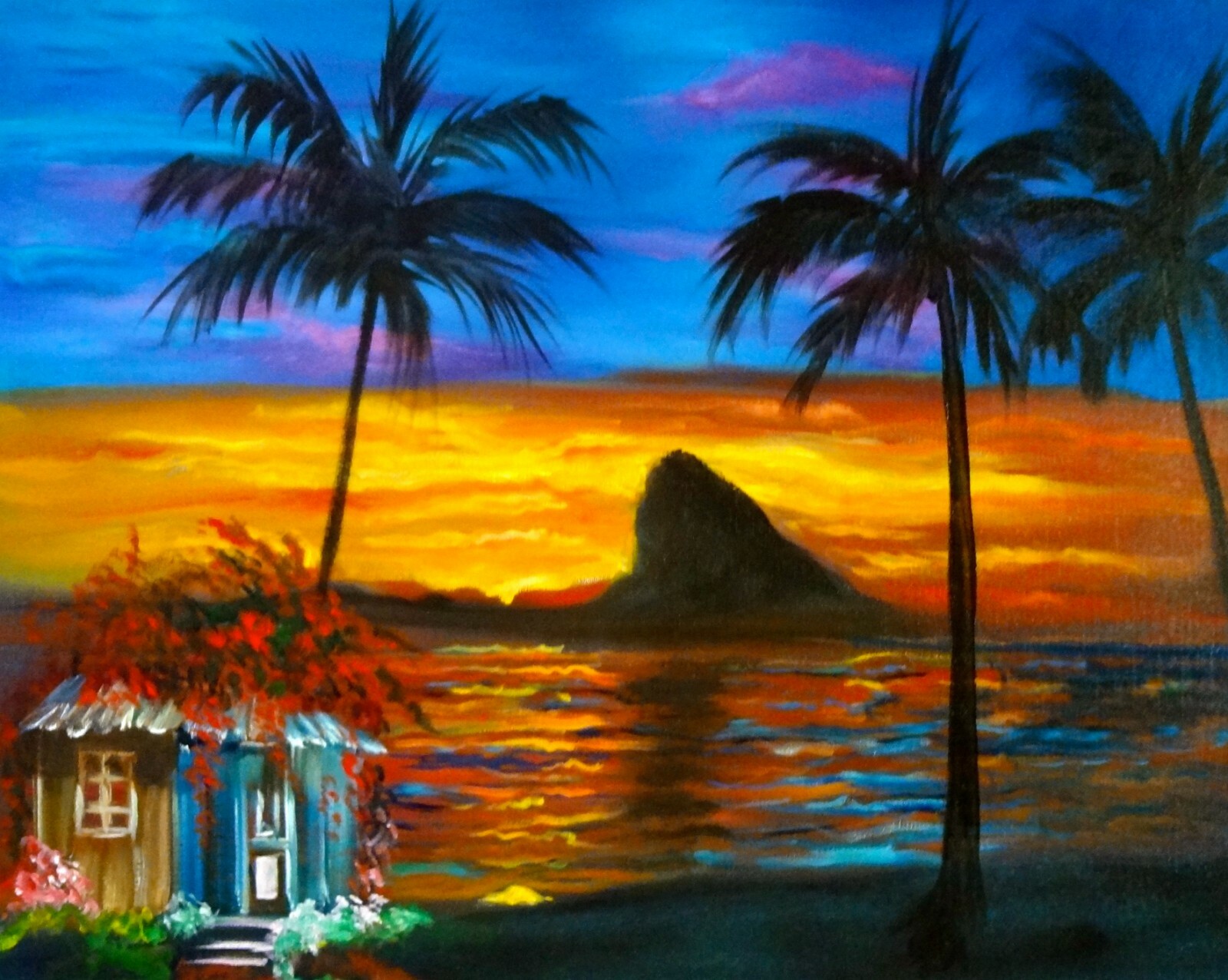 HAWAII ARTIST ART DECO"Old Hawaiian Hut at Chinaman's Hat" One of a ...