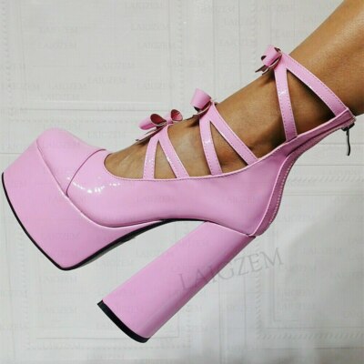 Women Platform Pumps Straps Round Toe Back Zip Up Block High Heels ...