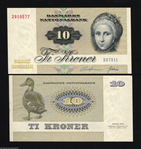 DENMARK 10 KRONER P-48 b 1978 DUCK UNC DANISH CURRENCY PAPER MONEY BILL ...