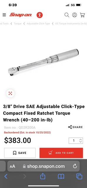 Snap-on 3/8" Drive Compact 200 in LB Torque Wrench QD2R200 N Case Sept ...