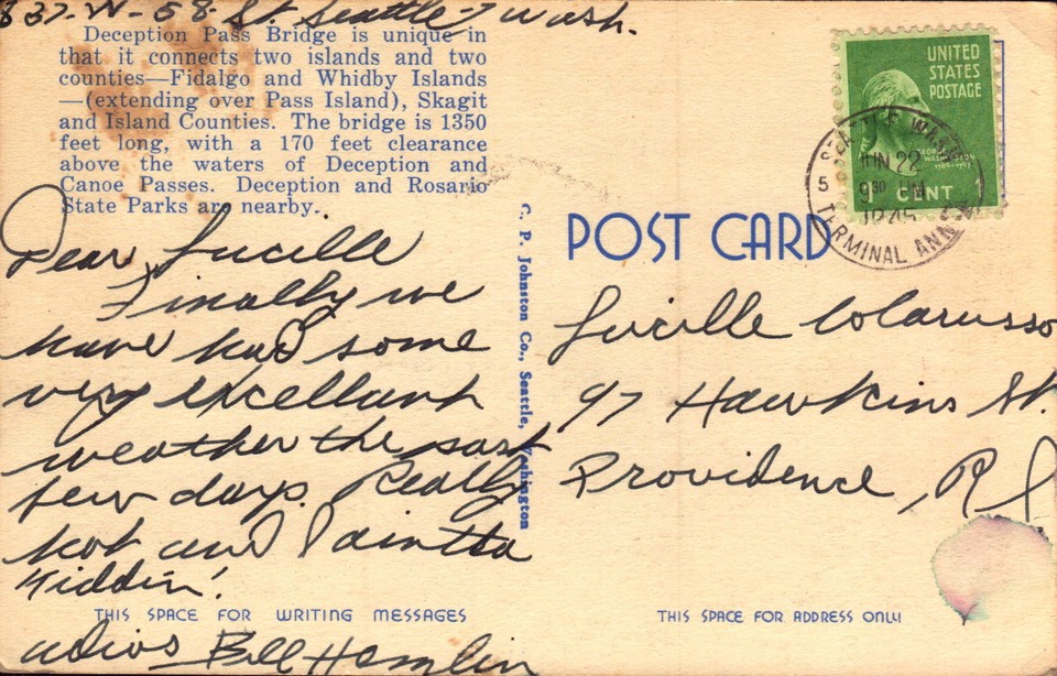 Vintage Postcard Deception Pass Bridge Washington linen 1945 Postmark ...