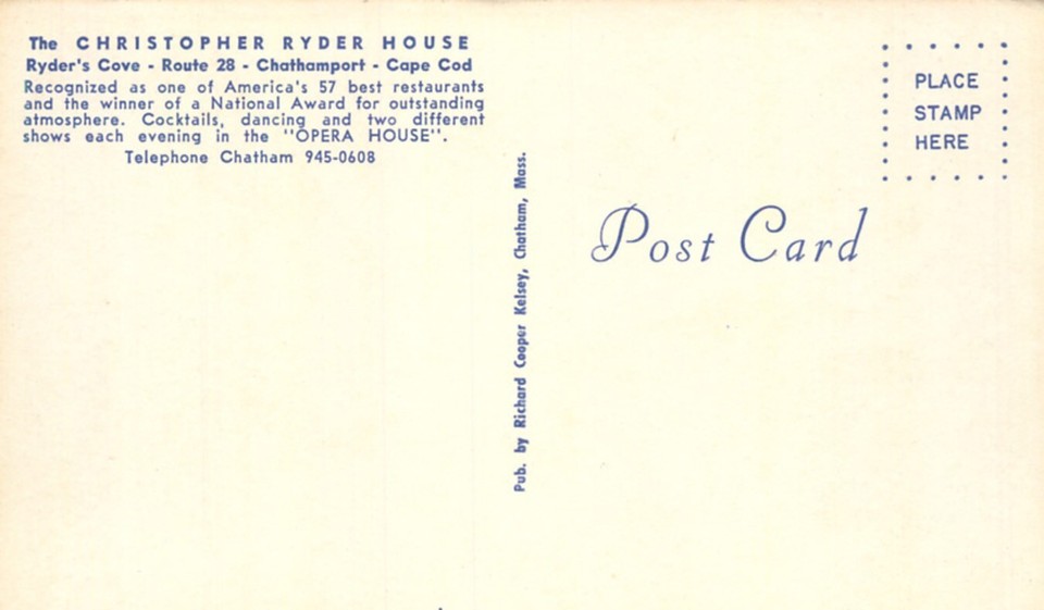 Christopher Ryder House Restaurant Chathamport Mass 1964 Advertising ...