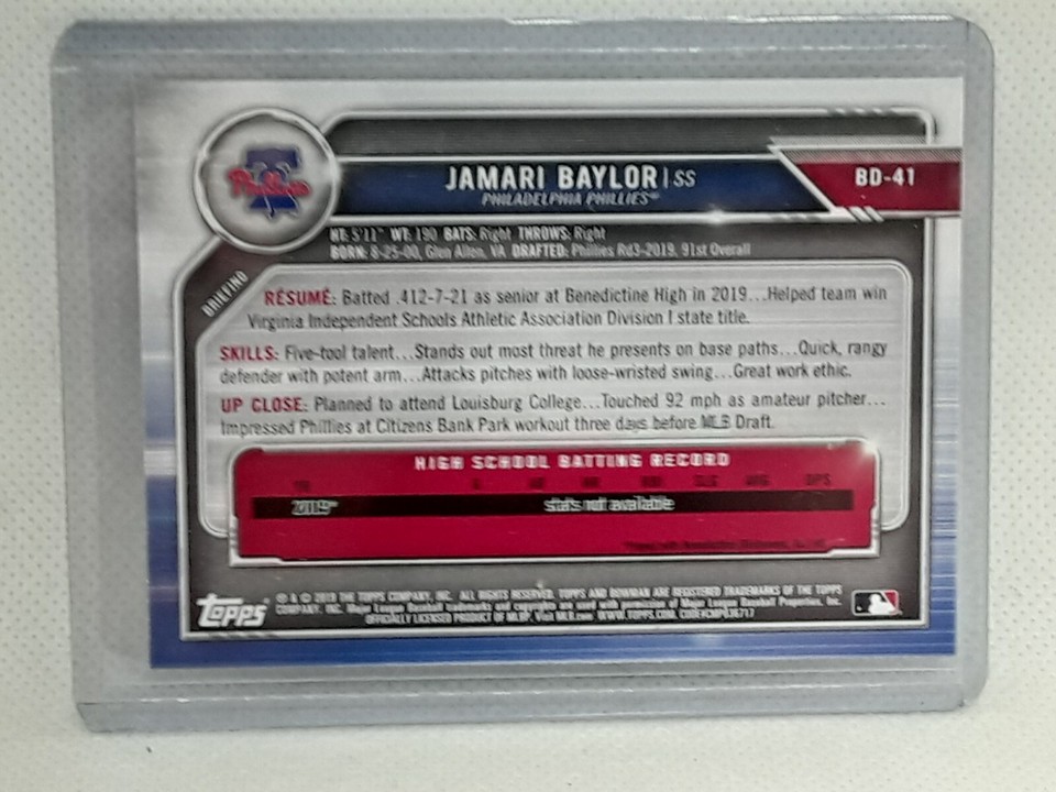 Jamari Baylor 2019 Bowman Draft Baseball - 1st #BD-41 - Philadelphia Phillies | eBay