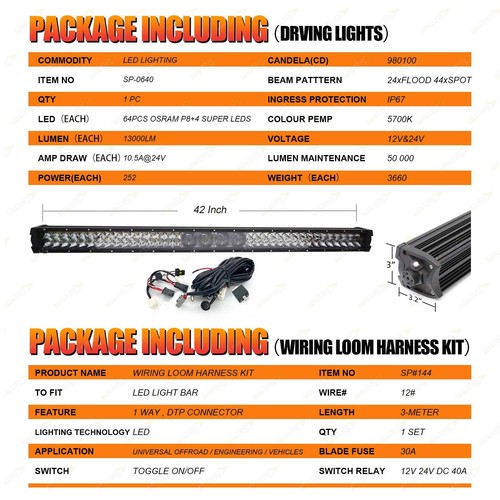 42 Inch Double Row Laser Osram LED Light Bar 4WD Offroad + Wiring Loom ...