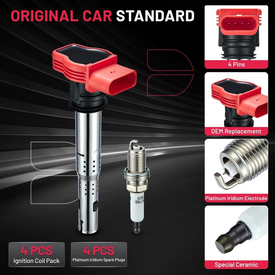 4 Ignition Coil + Spark Plug Pack For Audi TT A4 Golf Jetta GTI 2.0L 2 ...