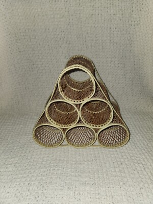 Vintage Rattan Wine Rack Bottle Holder, Boho, Wicker, Holds 6 Bottles ...