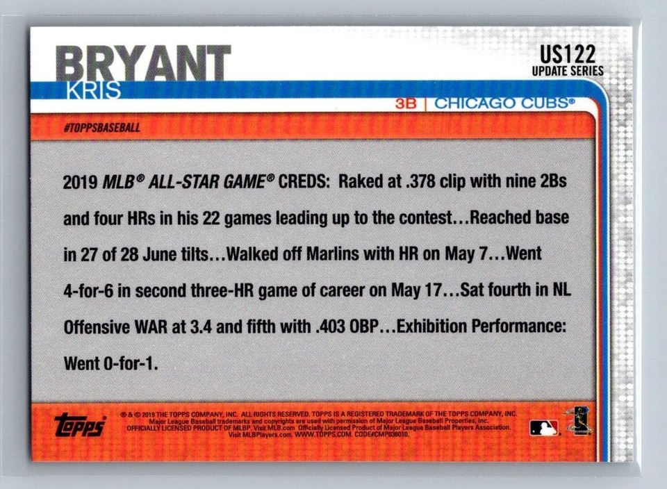 2019 Topps Update Kris Bryant #US122 ASG All Star Game Chicago Cubs MLB ...