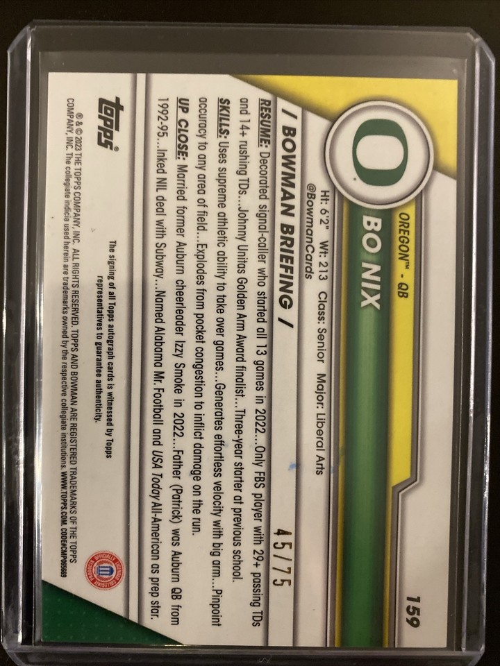 Bo Nix 45/75 2023 Bowman U Chrome Yellow Auto Oregon Ducks #159-Cool ...