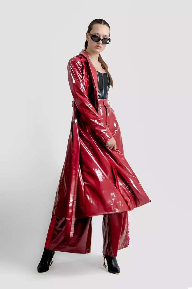 Women Red Vinyl Trench Coat Glossy Raincoat Waterproof Shinny Sicker ...
