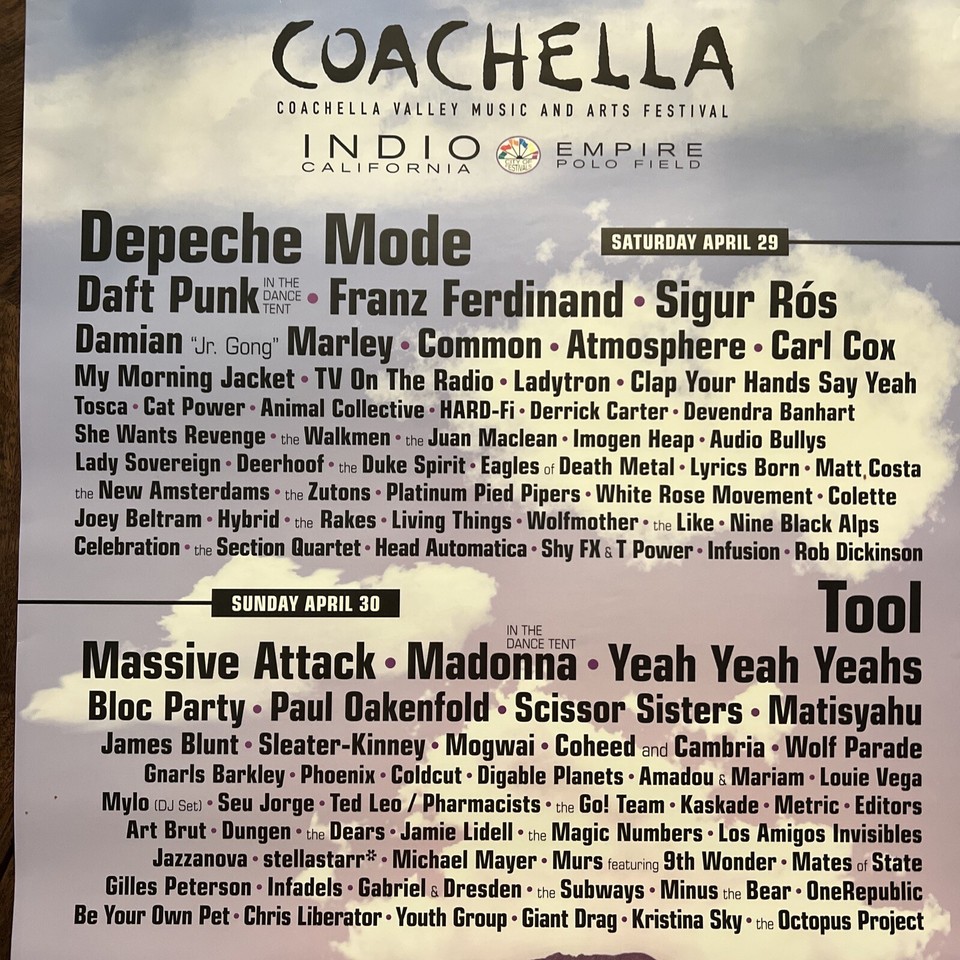 Coachella 2006 Official Line Up Poster Authentic Festival 18x24 w ...