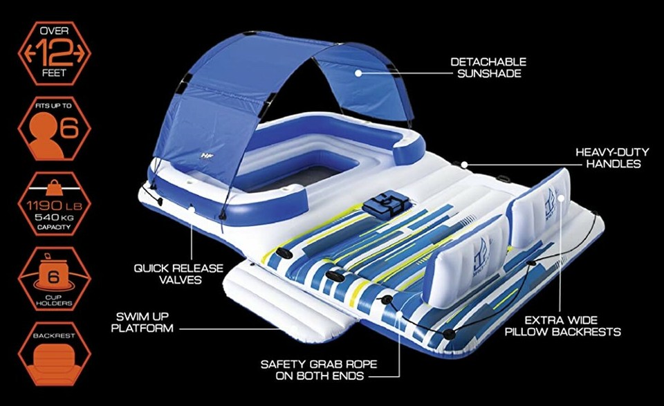 Large Inflatable Floating Party Island w Sun Shade Canopy Adult Raft ...