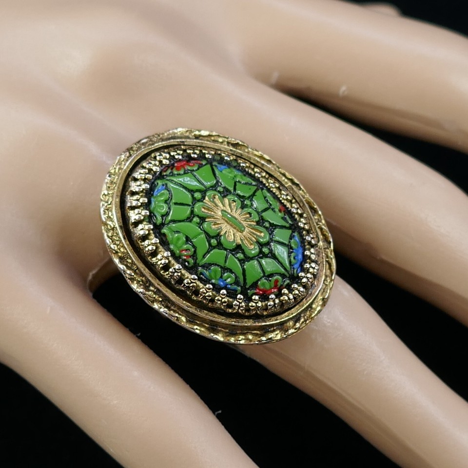 VINTAGE 60'S MOROCCAN MATRIX MOSAIC MOLDED GLASS COCKTAIL RING GREEN ...