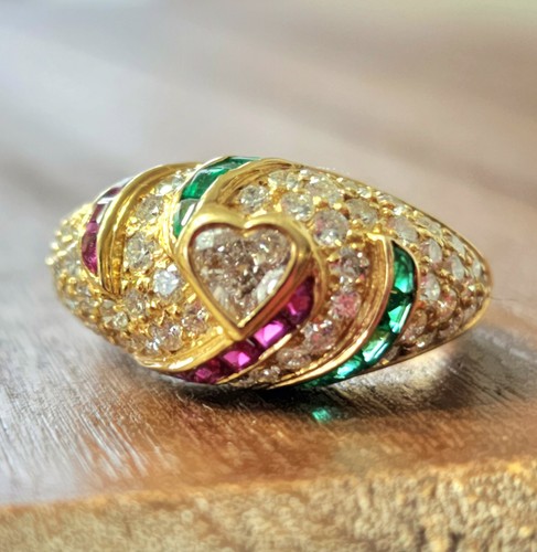 Vintage 18k Yellow Gold Heart Diamond, Emerald & Ruby Ring, Size 6.5, 8.46 Grams | eBay