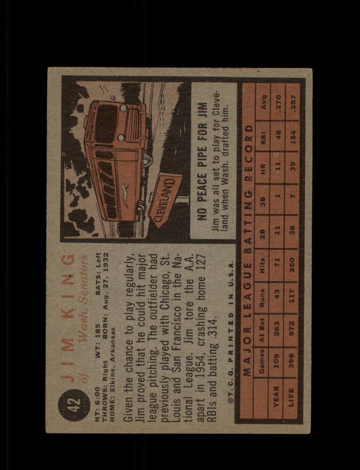 1962 JIM KING TOPPS #42 SENATORS *G1065 | eBay