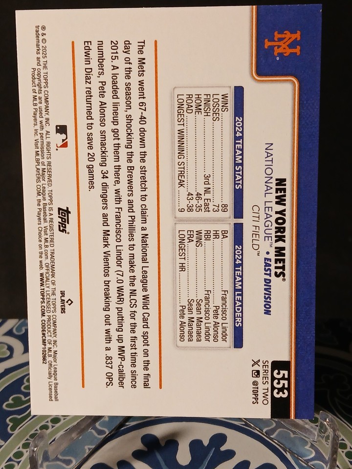 2025 Topps Series 2 New York Mets Team Card Holiday Sun #553 TC ...