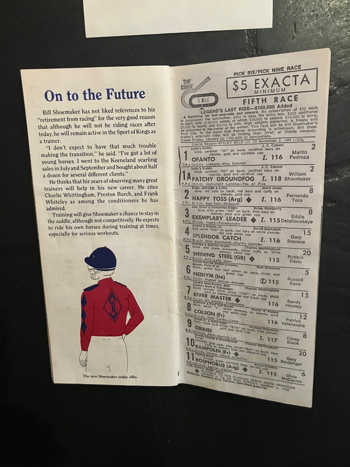 Jockey Bill Shoemaker Legends Last Ride Invitation, Grandstand Ticket ...