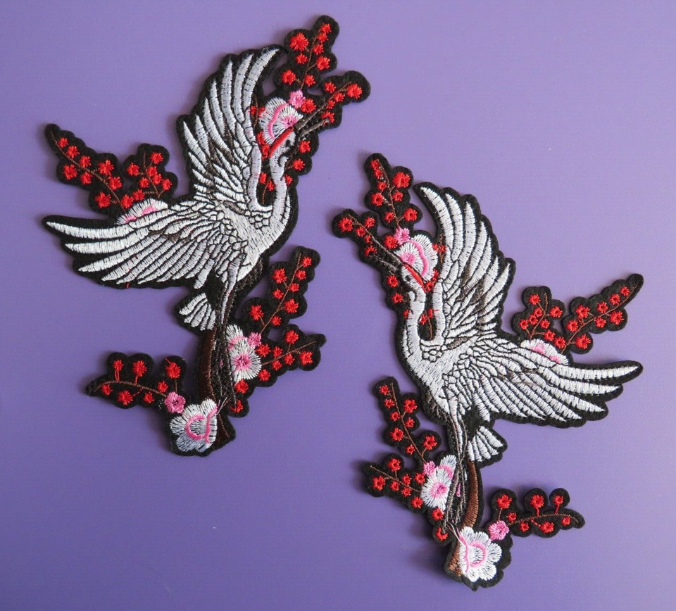2 Japanese Folklore Patches Red Capped Cranes Sakura Iron On ...