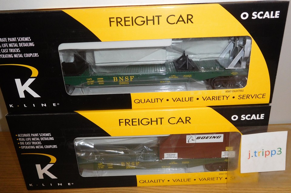K-LINE K691-1172A BOEING AIRPLANE FUSELAGE BNSF 2 FLAT CAR SET O SCALE ...